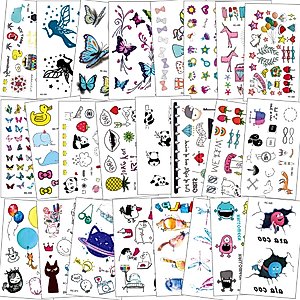 Konsait 300+pcs Temporary Tattoos for Kids Boys Girls Children's Birthday Party Bag Filler Gift Party Favors, 200+ Kids Fake Tattoo Stickers- Animal Fruit Butterfly Monster Fairy Panda Whale