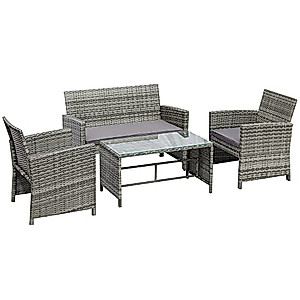 Outsunny 4pcs Outdoor Patio Furniture Set, 2 Plastic Rattan Chairs, 1 PE Wicker Loveseat Sofa, 1 Center Coffee Table with Tempered Glass Table-Top, Soft Cushions for Backyard, Garden, Light Grey