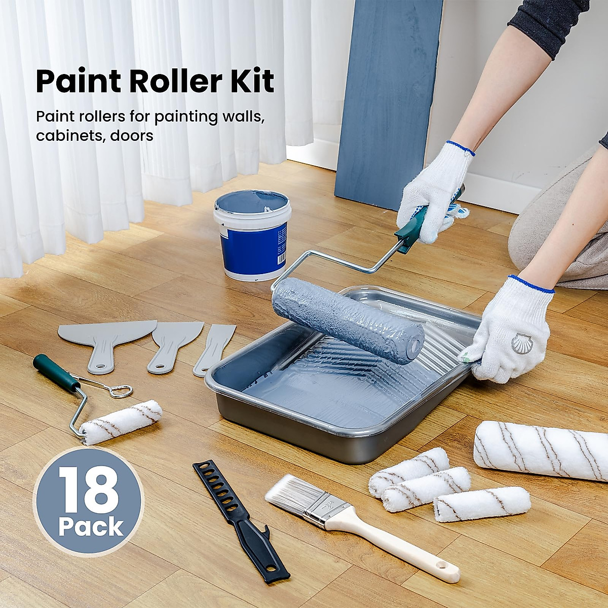 Mister Rui Paint Roller Kit, 18 Pack Paint Roller Set, 4"9" Paint Rollers for Painting Walls, Paint Tray with Liners, Angled Paint Brush, Professional Painting Kit for Home Improvement