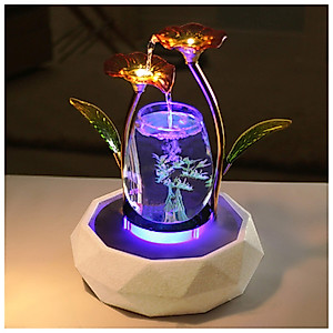 crapelles Red Glass Flower Fountain Waterfall Tabletop Water Feature Cascade Indoor Decoration Aquarium Zen Relaxesion Humidifier Meditation Colorful Fish Tank Modern Golden Color Metal Wrought Iron