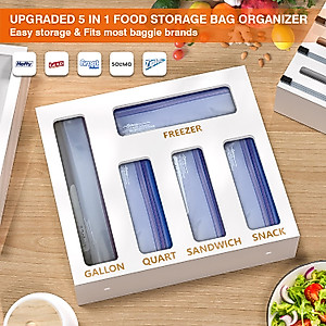 DALSHABET 9 IN1 Bamboo Storage Bag Drawer Organizer with Cutter, Foil and Plastic Wrap Dispenser for Kitchen Storage Compatible with All Brands Gallon, Quart, Sandwich & Snack Size Bags - White