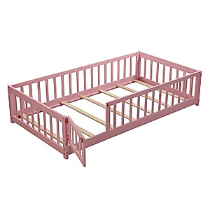 Brafab Montessori Floor Bed with Safety Guardrails and Convertible Door, Twin Size Solid Pine Wood Floor Bed Frame with Slats, Full Length Fence for Girls, Boys, Child Bedroom, Kids Playroom (Pink)