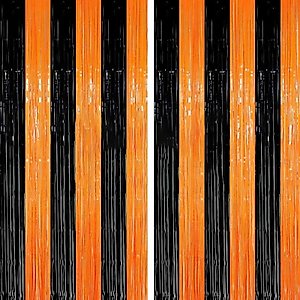 FECEDY 2pcs 3ft x 8.3ft Orange Black Metallic Tinsel Foil Fringe Curtains Photo Booth Props for Halloween Birthday Bridal Shower Baby Shower Bachelorette Holiday Celebration Party Decorations