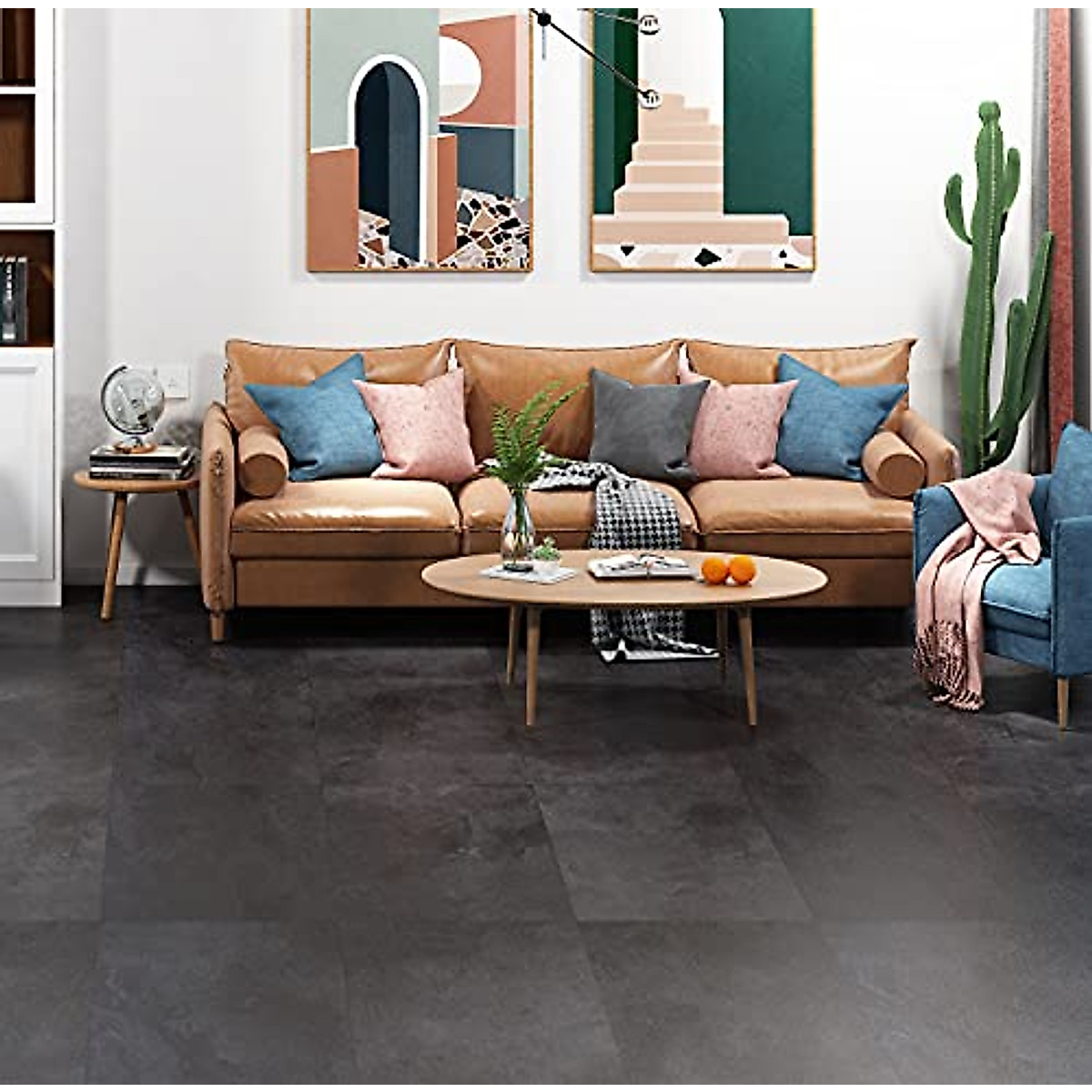Livelynine 32-Pack Removable Floor Tiles Peel and Stick Flooring Charcoal Grey Vinyl Flooring Waterproof Bathroom Floor Tile Stickers Stick On Laminate Flooring Sticky Linoleum Flooring 12X12 Inch