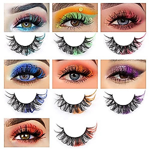 Ruairie False Eyelashes Colored Lashes Fluffy Wispy Russian Strip Lashes with Color D Curl Volume Curly Christmas, 7 Colors Fake Eyelashes Pack
