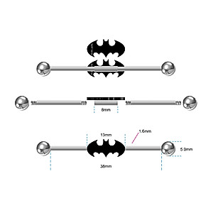 DC Comics Unisex Batman Stainless Steel Industrial Barbell. Official Licensed Jewelry. Black/Silver, One Size (BATMBCT02K)