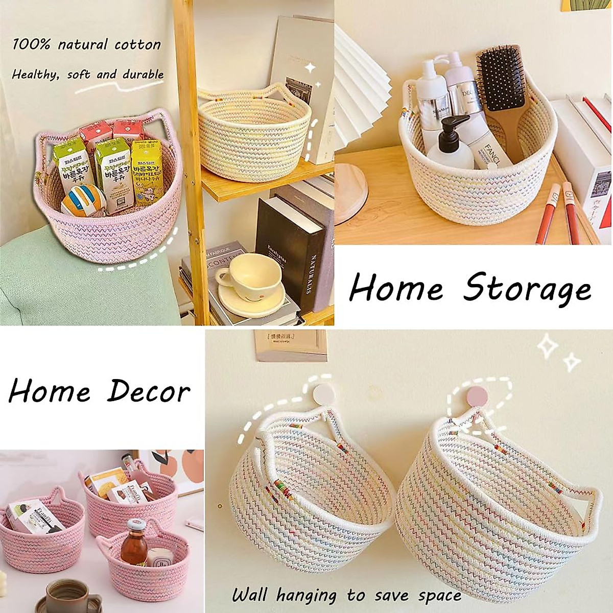 Cute Rainbow Storage Basket for Decor 3packs Shelves Cotton Rope Basket Woven Baskets Closet Organizer with Handle, Stylish Home Bedroom Table Organizer,Toy Baskets Organizers & Storage 11.5L(Pink)