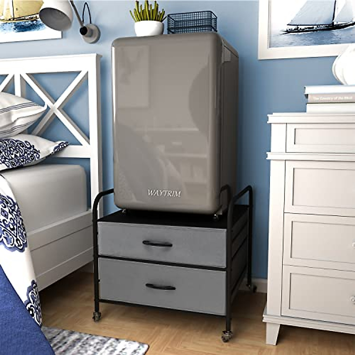 Fridge Stand with Storage, WAYTRIM Kitchen Fridge Stand Mini Fridge Organizer Stand for Dorms Refrigerator Stand with Metal Frame Wooden Tabletop 4 Swivel Wheels for Mobility