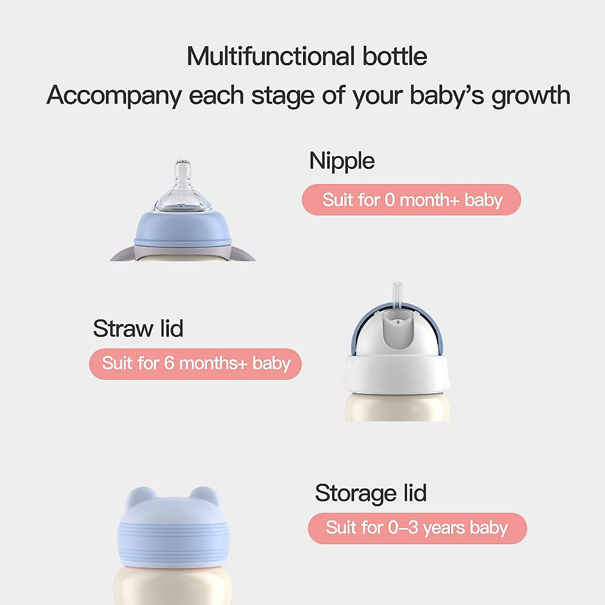 POTATO Baby Thermos Cup Water Bottle for Kids Stainless Steel Sippy Cup with 3 Kinds of Lids,Keeps Cold for 8 Hours 8 oz, Blue
