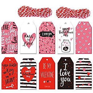 Doumeny 150PCS 10 Style Valentine Day Paper Gift Tags Red Pink Black Holiday Hanging Labels Gift Label Tags with 98 Feet Twines for DIY Crafts Valentines Theme Party Wedding Courtship Gift Wrapping