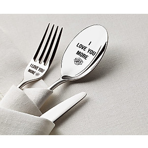 XIKAINUO 2 Pieces I Love You More Engraved Stainless Spoon and Fork, Funny Long Handle Dinner Fork Coffee Spoop with Gift Box, Birthday Valentine Couple Anniversary Spoon Gifts