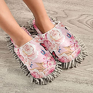 Roses Hydrangea Flower Mop Slippers Shoes Cover for Floor Cleaning Washable Dirty Dust Hair Cleaners Microfiber Mop Socks for Kitchen House Office