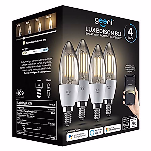 Geeni LUX Edison B11 Filament WiFi LED Smart Bulb, B11 Candelabra, 4W, E12 Base, Dimmable, White Light, Compatible with Amazon Alexa & Google Home - No Hub Required- 4 Pack