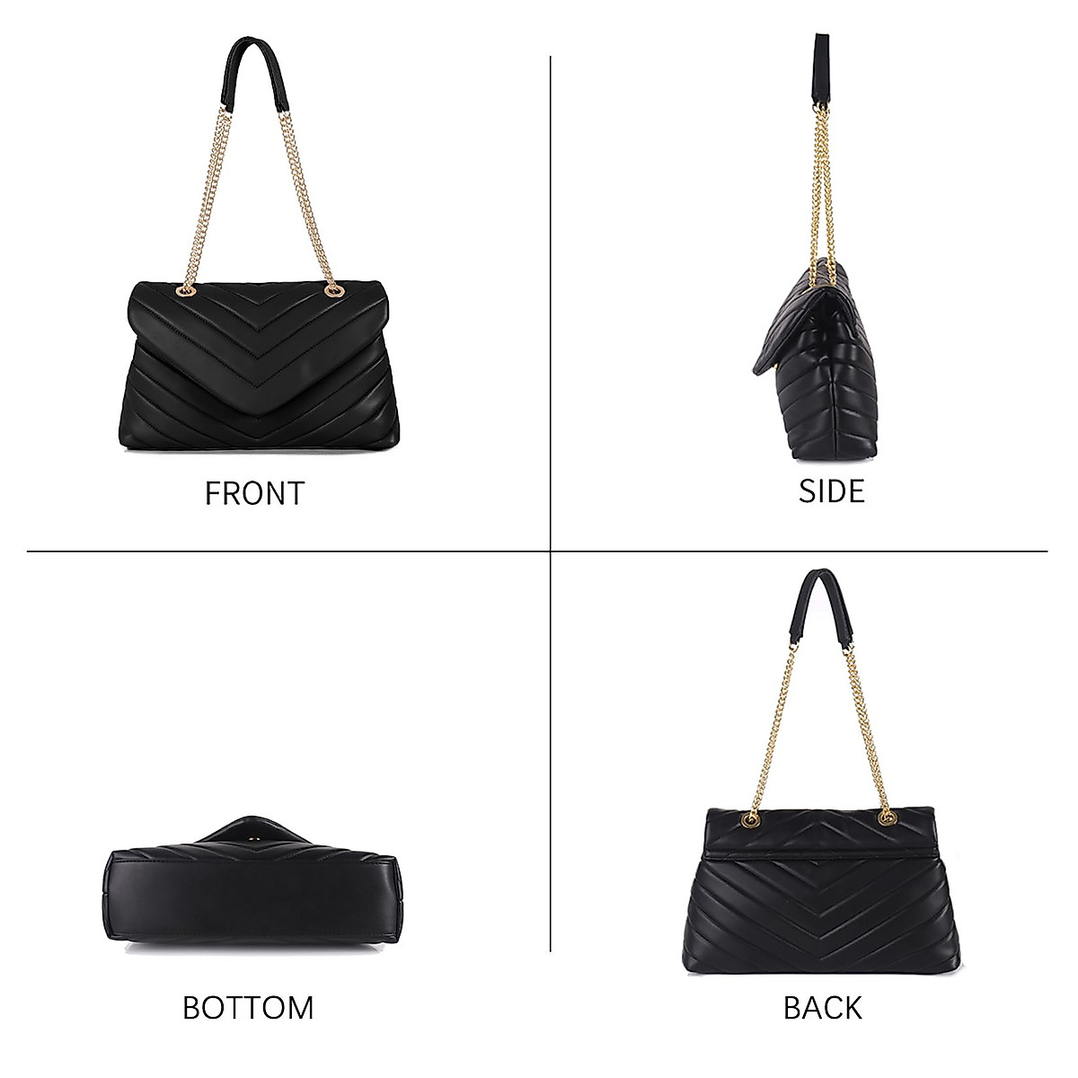 Quilted Crossbody Bag for Women, Soft Vegan Leather Chevron Purses, Trendy Shoulder Handbags with Gold Chain Strap (Black)