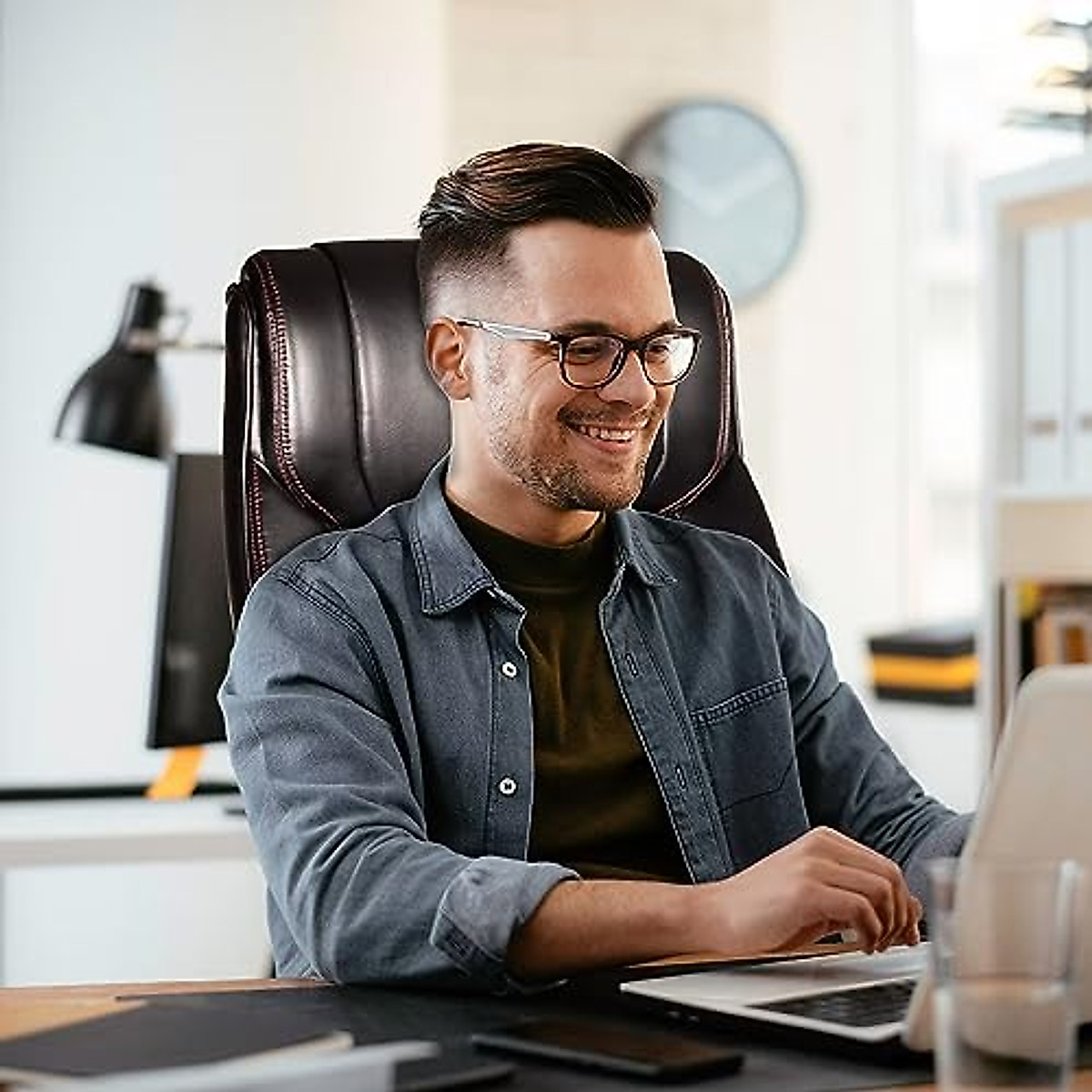 Ollega Big and Tall Office Chair 400lbs, High Back Executive Office Chair for Heavy People, Ergonomic Leather Computer Chair with Flip up Arms, Lumbar Support, Black Home Office Desk Chair