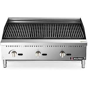 WILPREP Gas Countertop Radiant Charbroiler, 36 in Commercial Radiant Charbroiler with 3 35000 BTU U-Shaped Burners & 6 Cast Iron Grates, NG LPG Compatible Gas Charbroiler for Home Commercial Kitchen