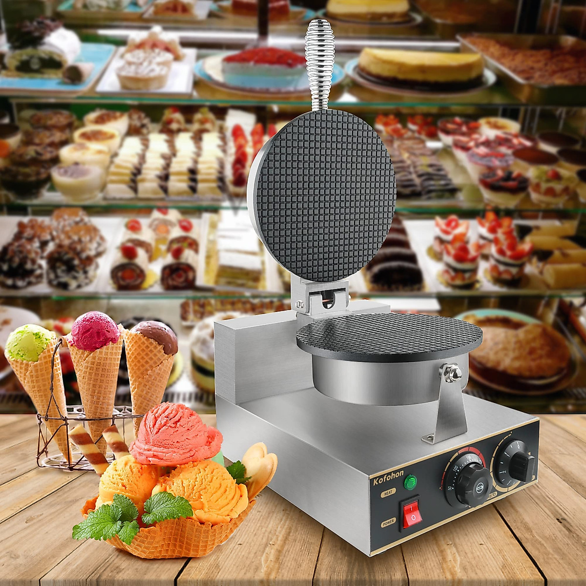Commercial Waffle Cone Maker Ice Cream Cone Machine 1200W Non Stick Coating Timer and Temperature Control Use for Home Restaurant Dessert Station Hotel Bakery Gift