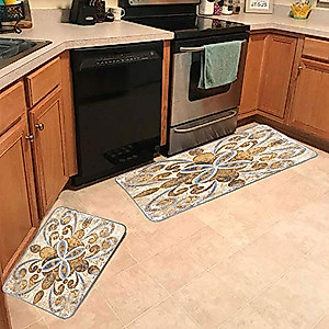Jesmacti Kitchen Rugs and Mats Rug for Kitchen Sink Area Vintage Italian Tile Pattern Brown Kitchen Rug (17X48+17X24 Inches) Boho Kitchen Rug