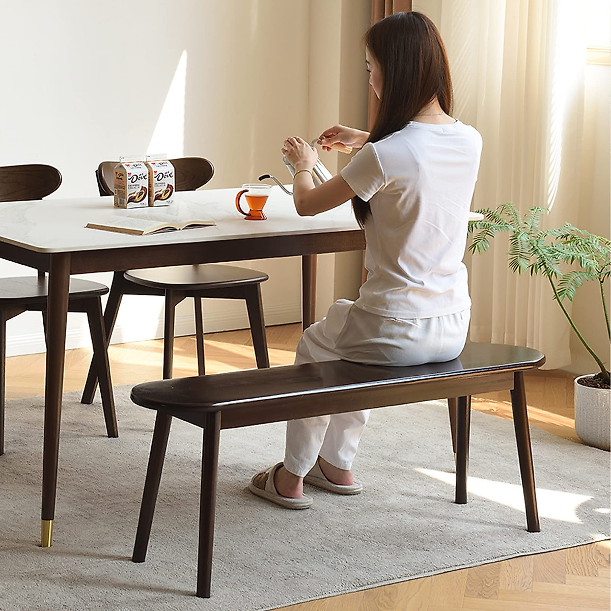 Cttasty Entryway Bench, Solid Wood Dining Bench, Midcentury End of Bed Bench w/Rounded Corner, Outdoor Bench w/Robust Construction, Bedroom Bench, 10.24" W x 17.72" H（Walnut 39.4inches）