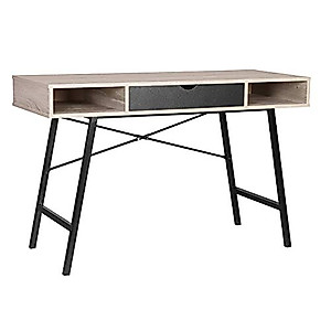 JJS 48" Home Office Writing Desk with Drawers, Modern Computer Study Wooden Desk Table Laptop PC Workstation with Storage, Mid Century Black