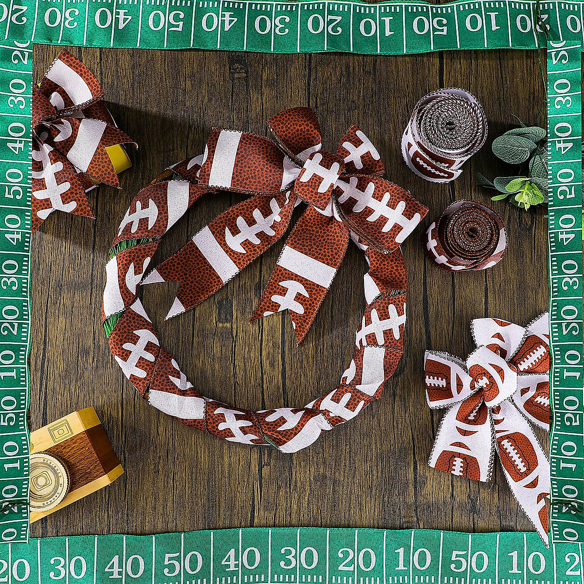 2 Rolls 13 Yards Football Wired Edge Ribbon, 2.5 Inch Brown White Burlap Homecoming Mum Ribbon for Football Sports Gift DIY Wrapping Floral Arrangement Craft Supplies