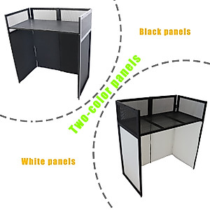 Sardoxx Portable DJ Booth DJ Facade Table Station Two-position Height Adjustable DJ Table Stand DJ Event Booth Metal Frame Booth + Built in Flat Table w/Travel Bag Black White Scrims
