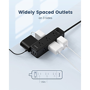 Power Strip Surge Protector, 9 Widely Spaced Outlets with 3 USB Ports, 3 Side Outlet Extender with 6.5 Ft Extension Cord, 1050 Joules, Flat Plug, Wall Mount Charging Station for Home Office Dorm Black