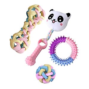 DogieLyn Puppy Toys or Small Medium Dogs 4 Pack Chew Toy for Puppies Pet Teething Toy for Cleaning Teeth Interactive Soft Plush Panda Treat DispenserI Bone Squeaky Ball Tri-Color Ring Cute Toy Set