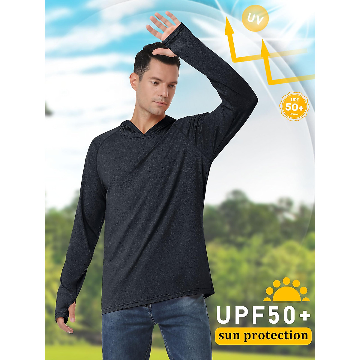 MAGCOMSEN Mens Uv Protection Shirts Long Sleeve with Hood Athletic Running Shirts Workout Sun UPF 50+ Fishing Shirts Quick Dry Hiking Shirts Black XL