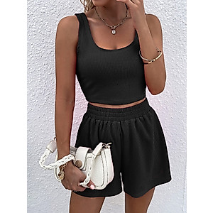 Verdusa Women's 2 Piece Ribbed Crop Tank Top and Shorts Tracksuit Set Black XL