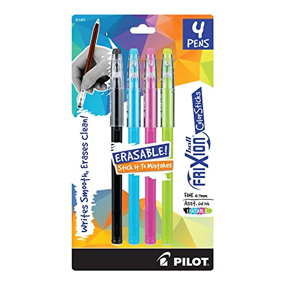Pilot FriXion ColorSticks Erasable Gel Ink Stick Pens, 0.7mm Fine Point, Assorted Ink, 4 Count (11875)