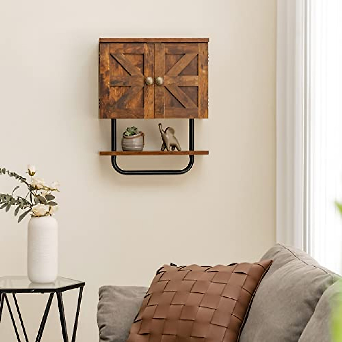 Tangkula Wall Mounted Bathroom Cabinet, 2 Doors Wooden Space Saving Medicine Cabinet with Open Shelf and Towel Bar, Multifunctional Over The Toilet Storage Organizer Kitchen Cupboard (Rustic Brown)