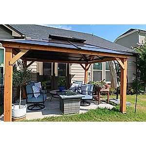 Sunjoy Hardtop Gazebo 11' X 13' Cedar Framed Wood Gazebo with Brown Double Steel Hardtop Roof Permanent Canopy for Garden, Backyard Shade