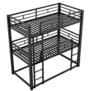Heavy Duty Triple Bunk Bed Twin Over Twin Over Twin, Metal 3 Bunk Bed with 2 Ladder and Guardrail, Twin Size Triple Bunk Bed for Kids, Teens, Black
