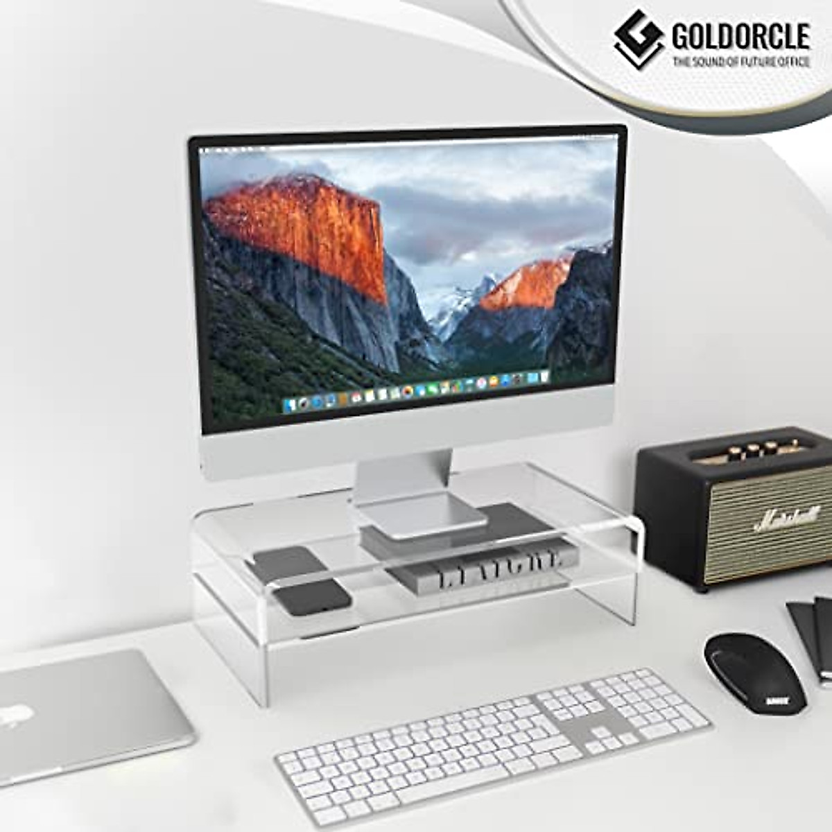 GOLDORCLE 2-Tier Acrylic Monitor Stand Riser Clear Computer Monitor Stand for Laptop PC Printer Computer Riser Acrylic Tray Laptop Storage Shelf (Medium)