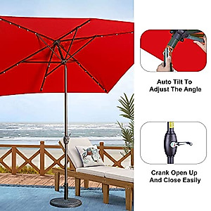 Aok Garden 6.5x10 ft Patio Umbrella with Solar Lights - Rectangular Picnic Table Aluminum Pole Umbrella, 6-8 Chairs Outdoor Tilt Umbrella 30 LED for Lawn Backyard, Deck, Pool and Beach, Red