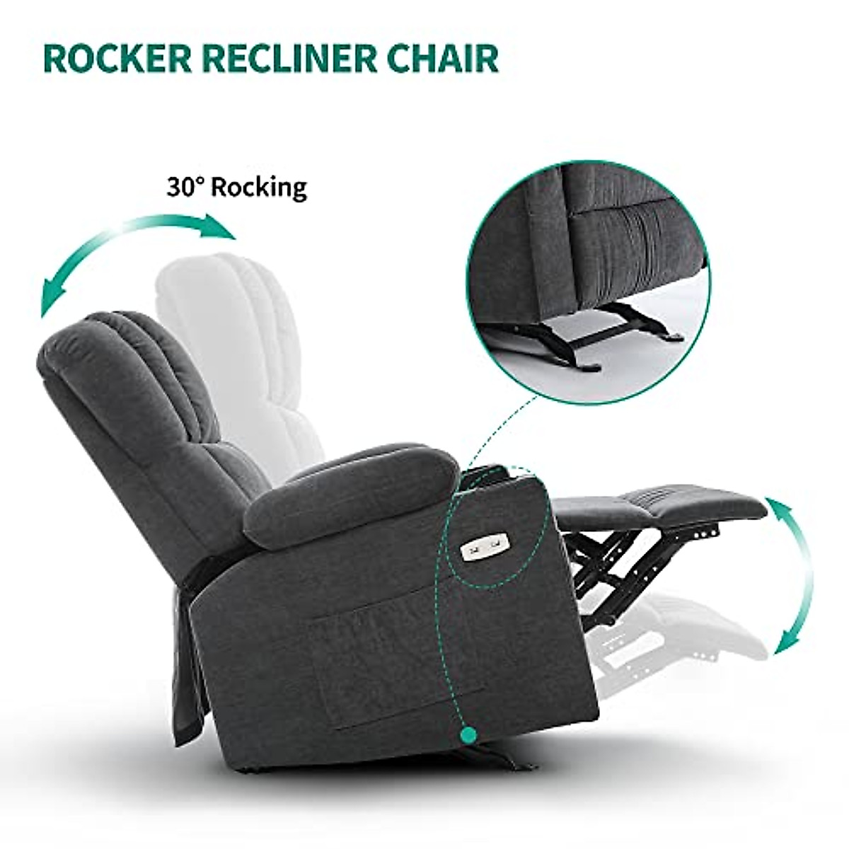 YITAHOME Glider Rocker Recliner Chair with Massage and Heat, Fabric Recliner Chair, Manual Rocking Recliner Chair with 2 Cup Holders, USB Charge Port and Side Pocket,Grey