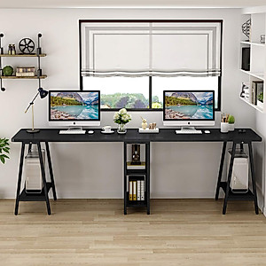 Tribesigns Two Person Desk, 94.5 Inch Double Computer Desk with Storage Shelves, Large Gaming Desk Studying Writing Workstation for Home Office, Black