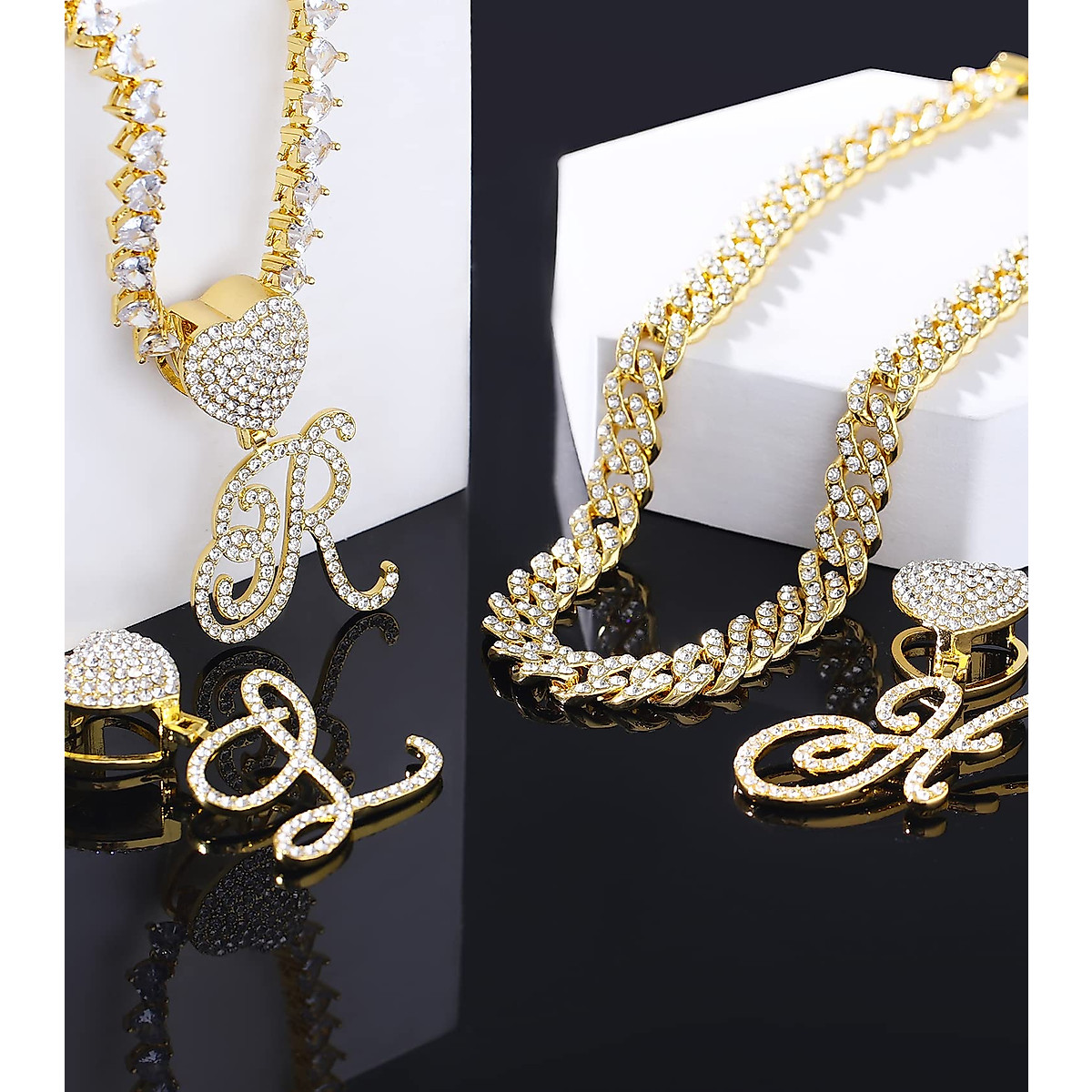 KOHOTA Gold Cuban Link Chain for Women Cursive Initial Pendant Necklace Layered Heart Shaped Zirconia Iced Out Chain Bling Necklace 24K Gold Plated Luxury Hip Hop Jewelry