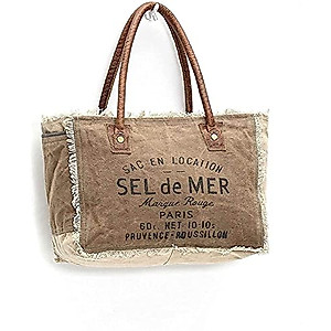 NATURALS EXPORT OAG Upcycle Canvas Bag, Handmade Bag With Leather, Tote Shoulder Handbag for Women, Brown