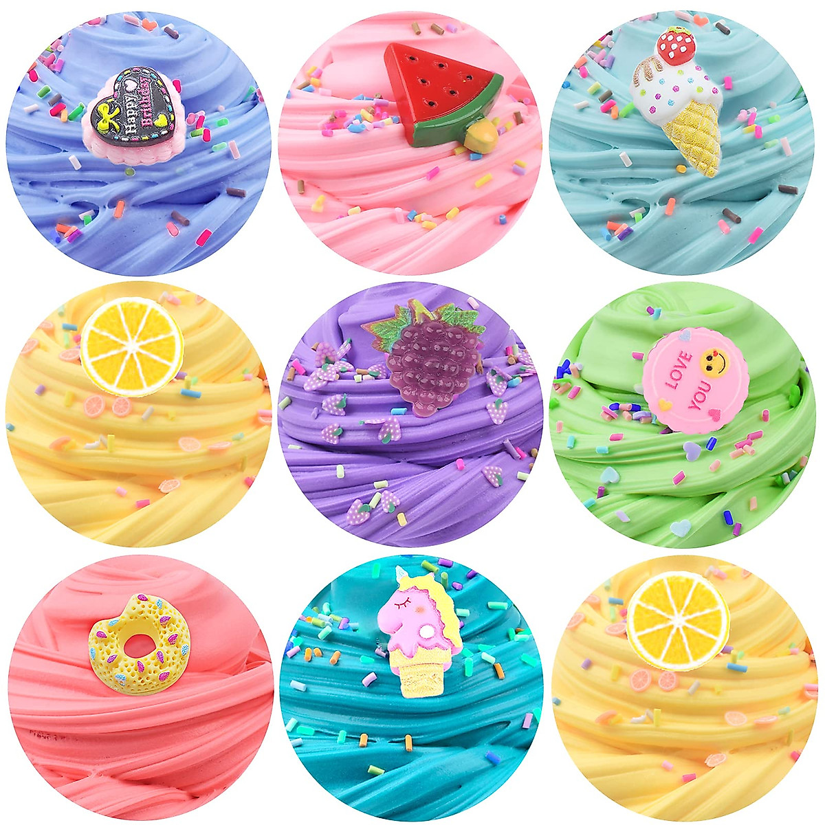 8 Pack Butter Slime Kit with Cake, Animal, Candy and Fruit Accessories - Super Stretchy, Non-Sticky, Educational Stress Reliever for Kids, Boys and Girls