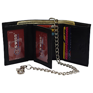 Men's RFID Blocking Premium Leather Chain Trifold Wallet (Black with Chain)