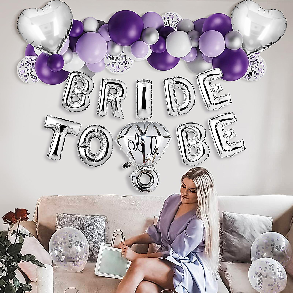 BLOOMWIN Purple Bachelorette Party Decorations - Bridal Shower Decorations Purple and Silver Bride To Be Balloons Kit Lavender Lilac Hen Party Decorations