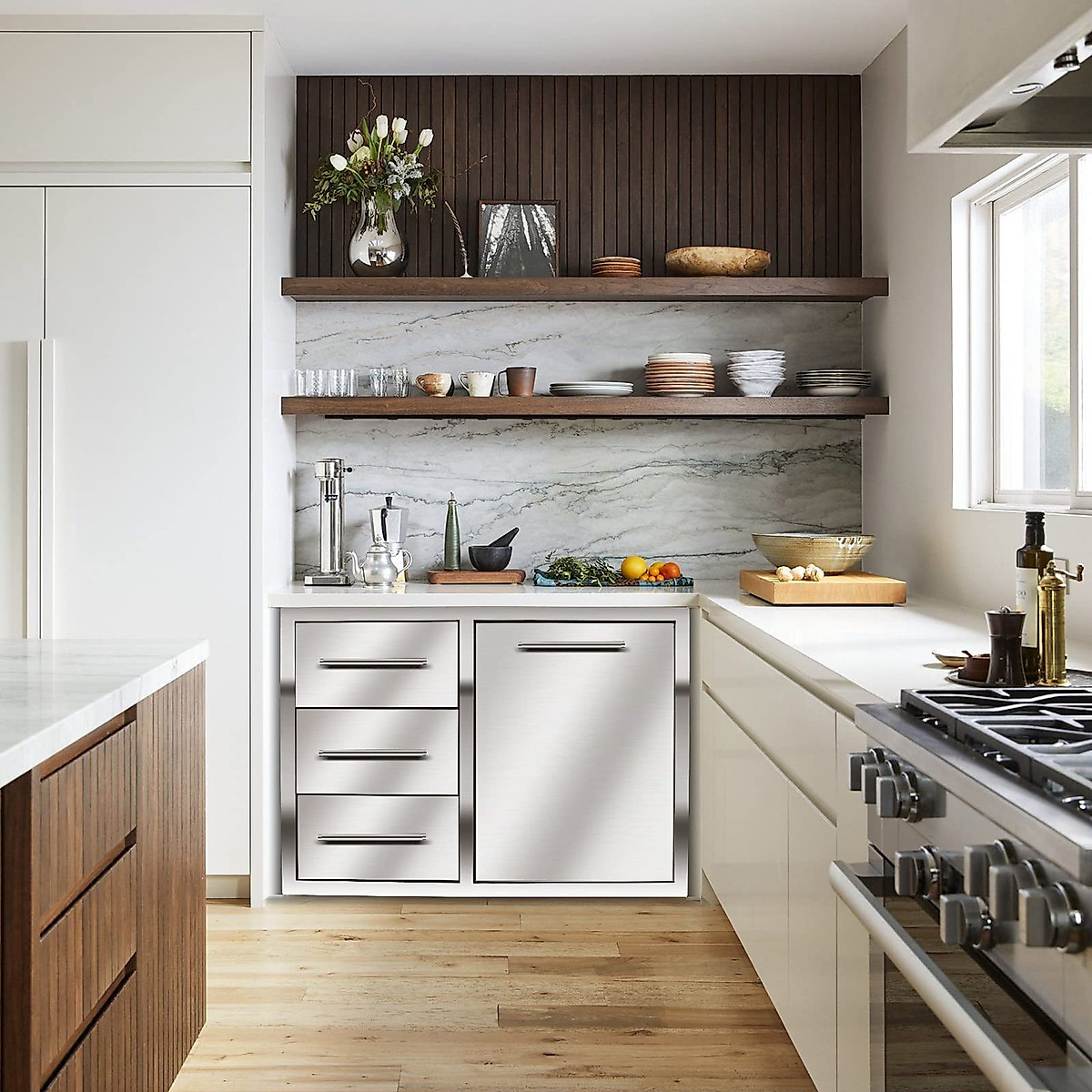 Globamboo Outdoor Kitchen Drawer Combo, BBQ Access Trash Drawer Combo with Stainless Steel, Outdoor Kitchen Trash Drawer for BBQ Island, Grilling Station, Outside Cabinet (28" W x 19.6“D x 20.1" H)