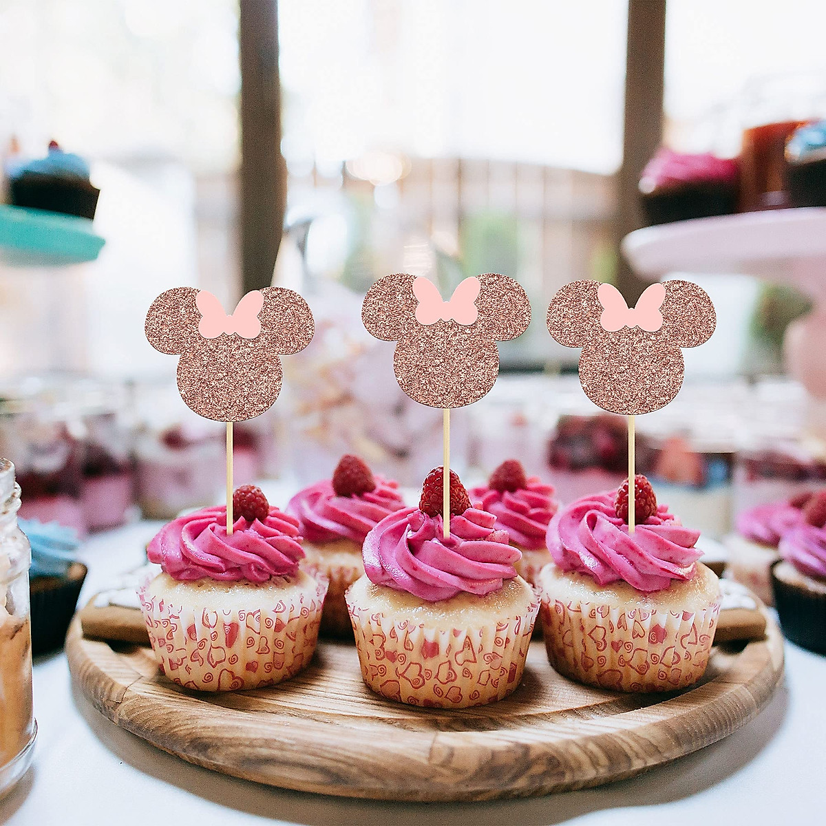 Gyufise 36Pcs Mouse Inspired Cupcake Toppers with Pink Bow Rose Gold Glitter Mini Mouse Cupcake Picks Decorations for Baby Shower Wedding Kids Birthday Party Supplies