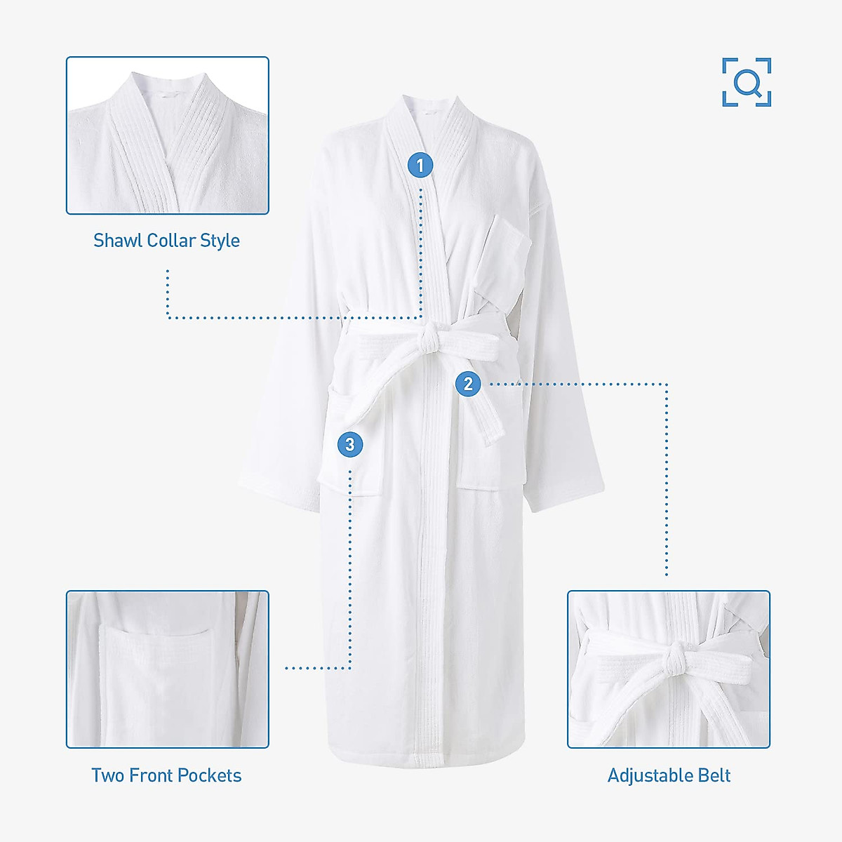 Acanva 100% Cotton Women Bathrobe Plush Soft Towel Robe with Waist Front Tie and Side Pockets for Spa Shower & Hotel, White