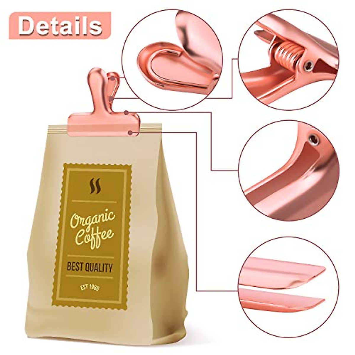 Whaline Stainless Steel Chip Clips Set, Rose Gold Chip Bag Clips Heavy Duty Food Clips Round Edge Air Tight Seal Grip for Home Office Kitchen Home Usage Storage (8 Pieces of the Size 3'')