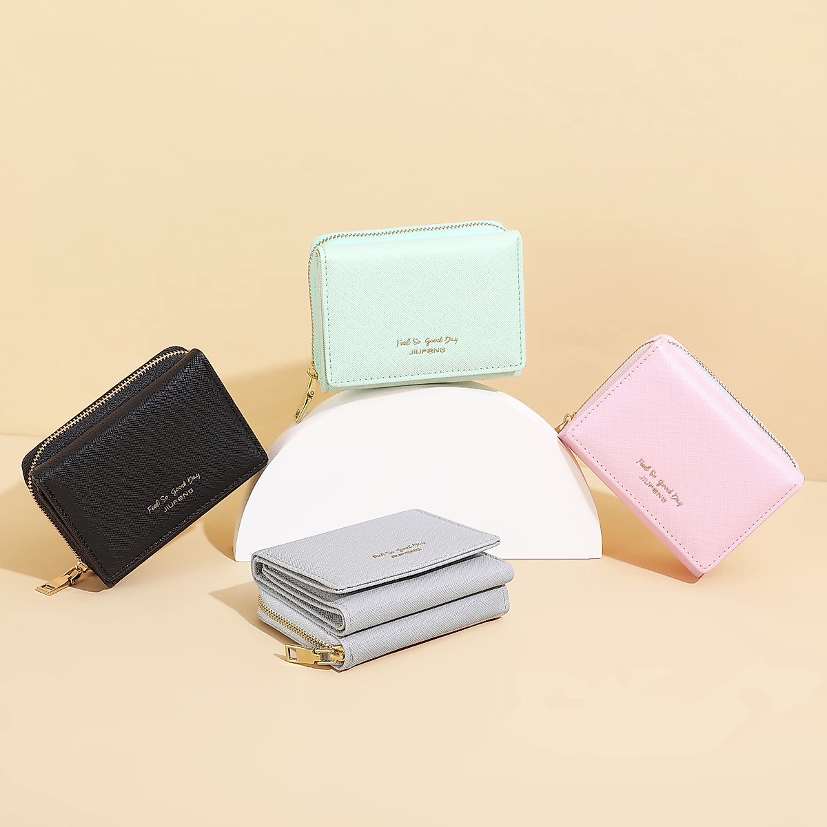 JIUFENG Women's RFID Blocking Short Wallet Multi Purpose Zipper Folded Purses Coins Pouches Multi-card Position Card Organizer (Green)