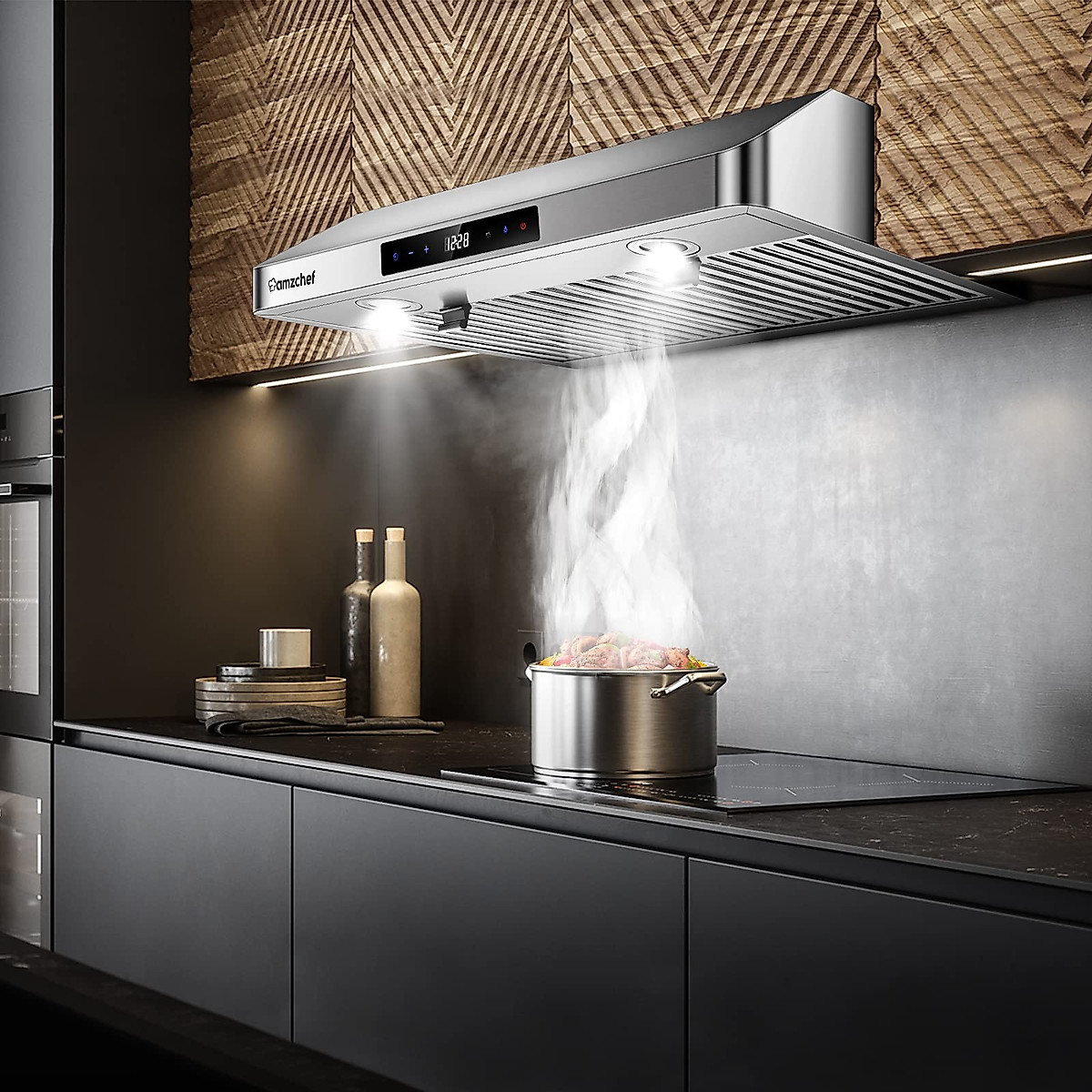 AMZCHEF Under Cabinet Range Hood 30 Inch, 700CFM Stainless Steel Kitchen Stove Vent Hood 3 Speed Exhaust Fan Touch/Remote Control LED lights Time Setting Dishwasher-Safe Baffle Filters