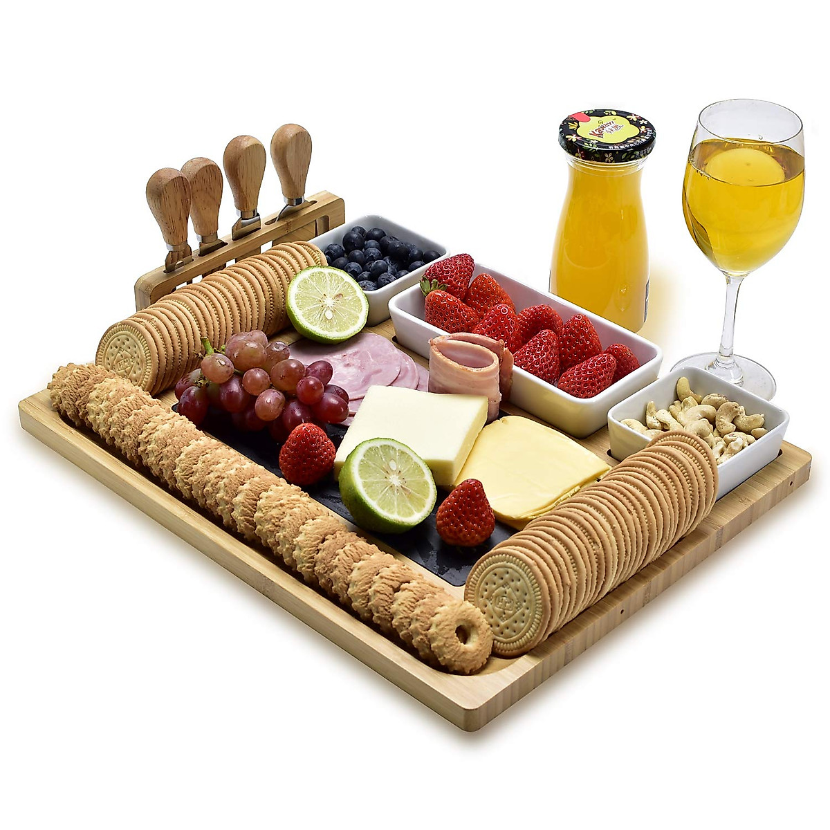 Bamboo cheese board and cheese knife set: large specialty dish board set and cheese platter - unique family warm keeping gift, new home, wedding anniversary and wedding gift, bride shower gift